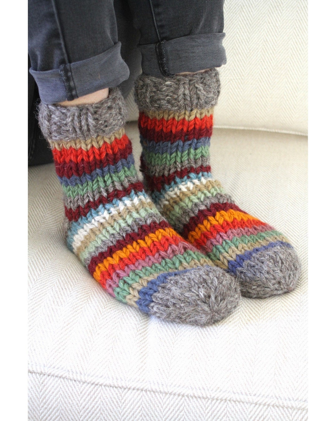Women's Hand Knitted Striped Sofa Socks - Warm Woolly Socks - Bed Socks ...