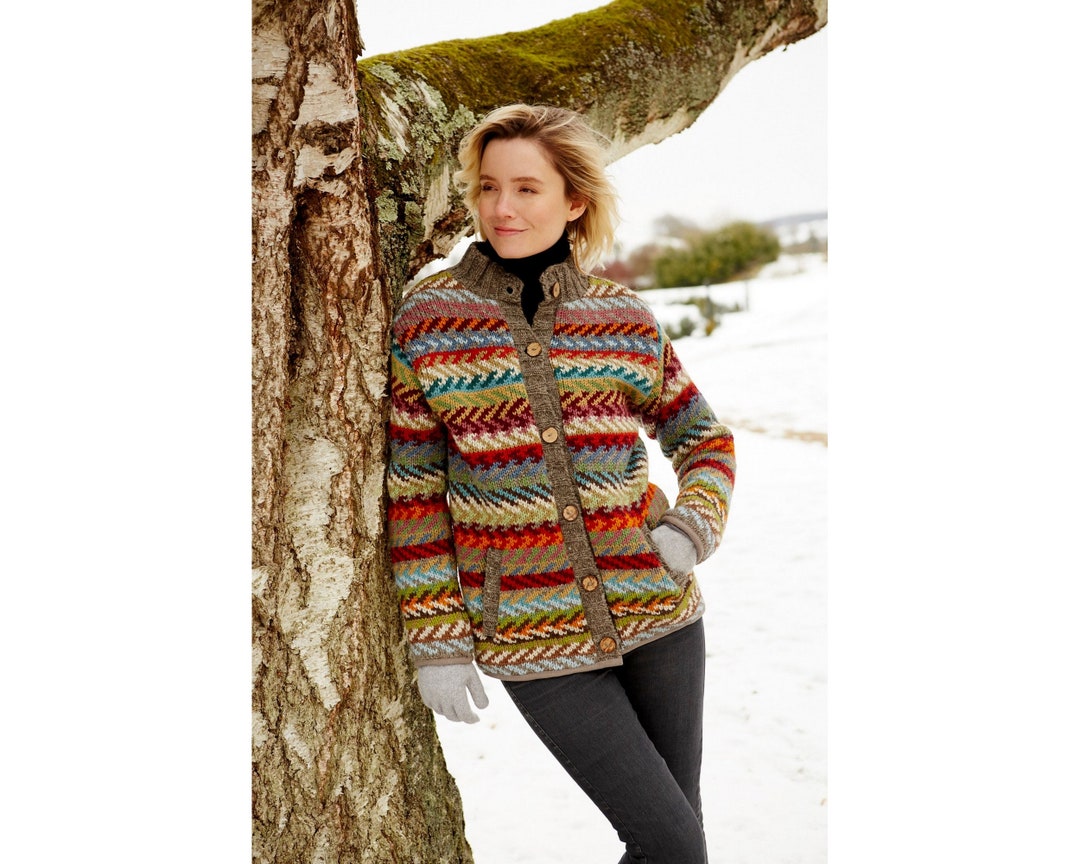 Women's Hand Knitted Jersey Lined Button Jacket, 100% Wool, Natural ...