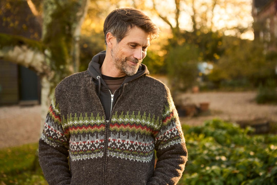 Men's Earth Zip Jacket - Fair Isle Jacket - Brown Knit Jacket - Fleece ...
