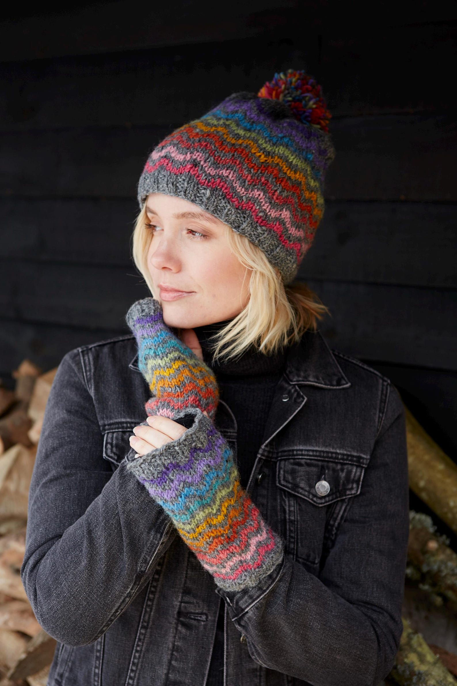 Women's Rainbow Knitted Wavy Bobble Beanie, Handwarmers - 100% Wool ...