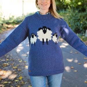 Women's Knitted Sheep Jumper - Blue Knit Sweater - Oversized Farm ...