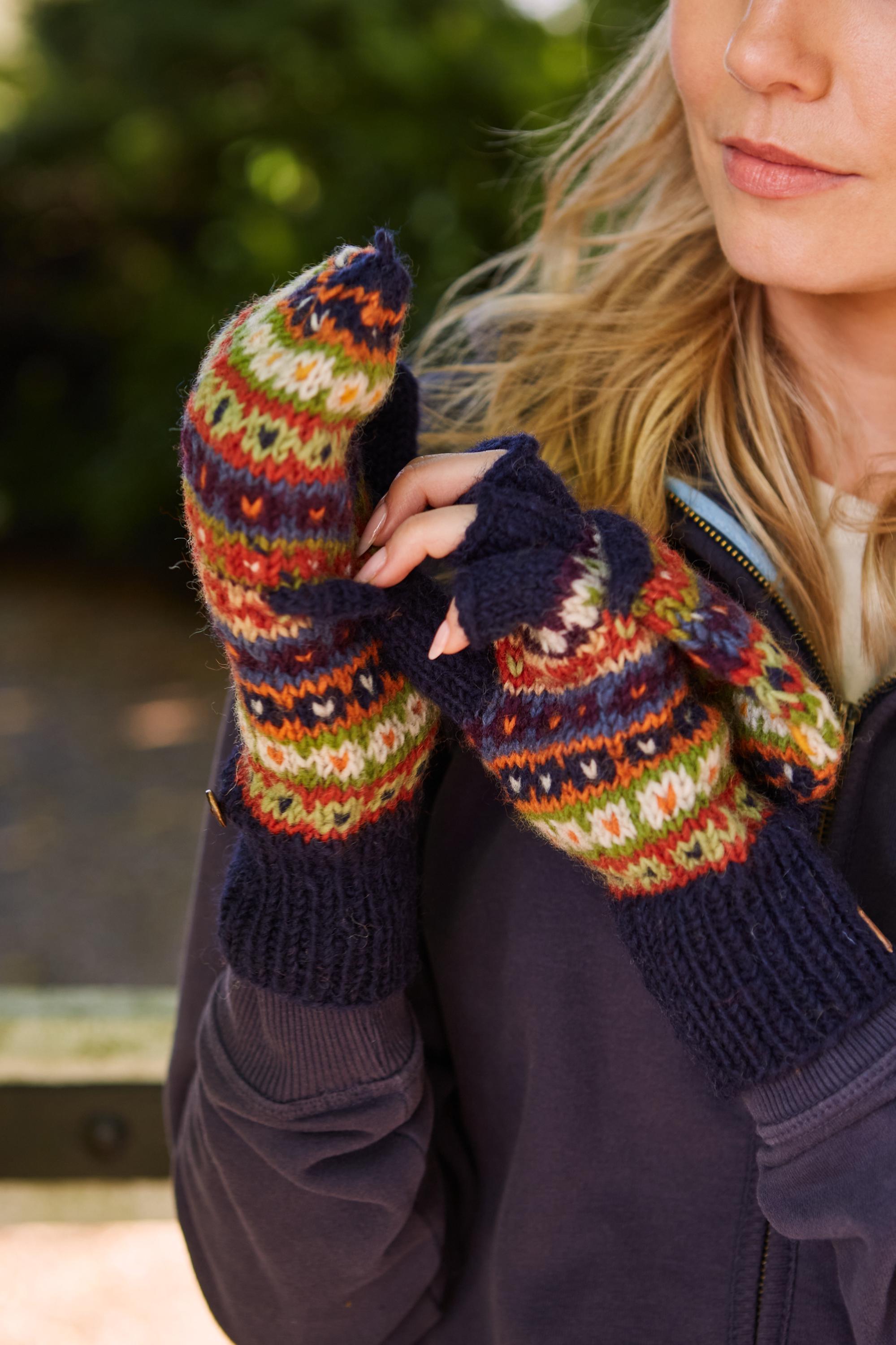 Blue Fair Isle Knitted Glove Mitts - Adjustable Fingerless Gloves to ...