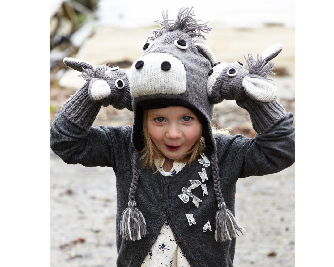 Children's Donkey Hat - Donkey Mittens - Kids Donkey Beanie - Fleece ...