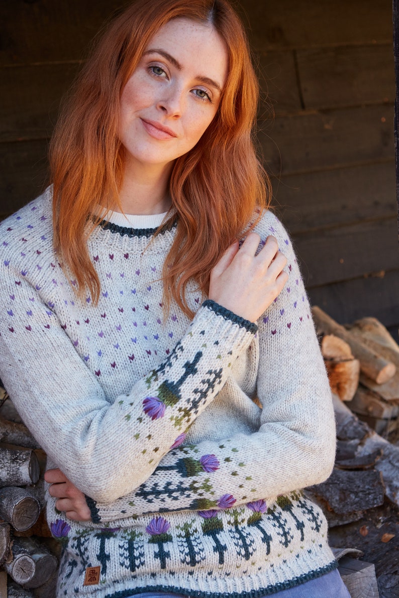 Women's Thistle Sweater - 100% Wool - Hand Knitted - Embroidery ...