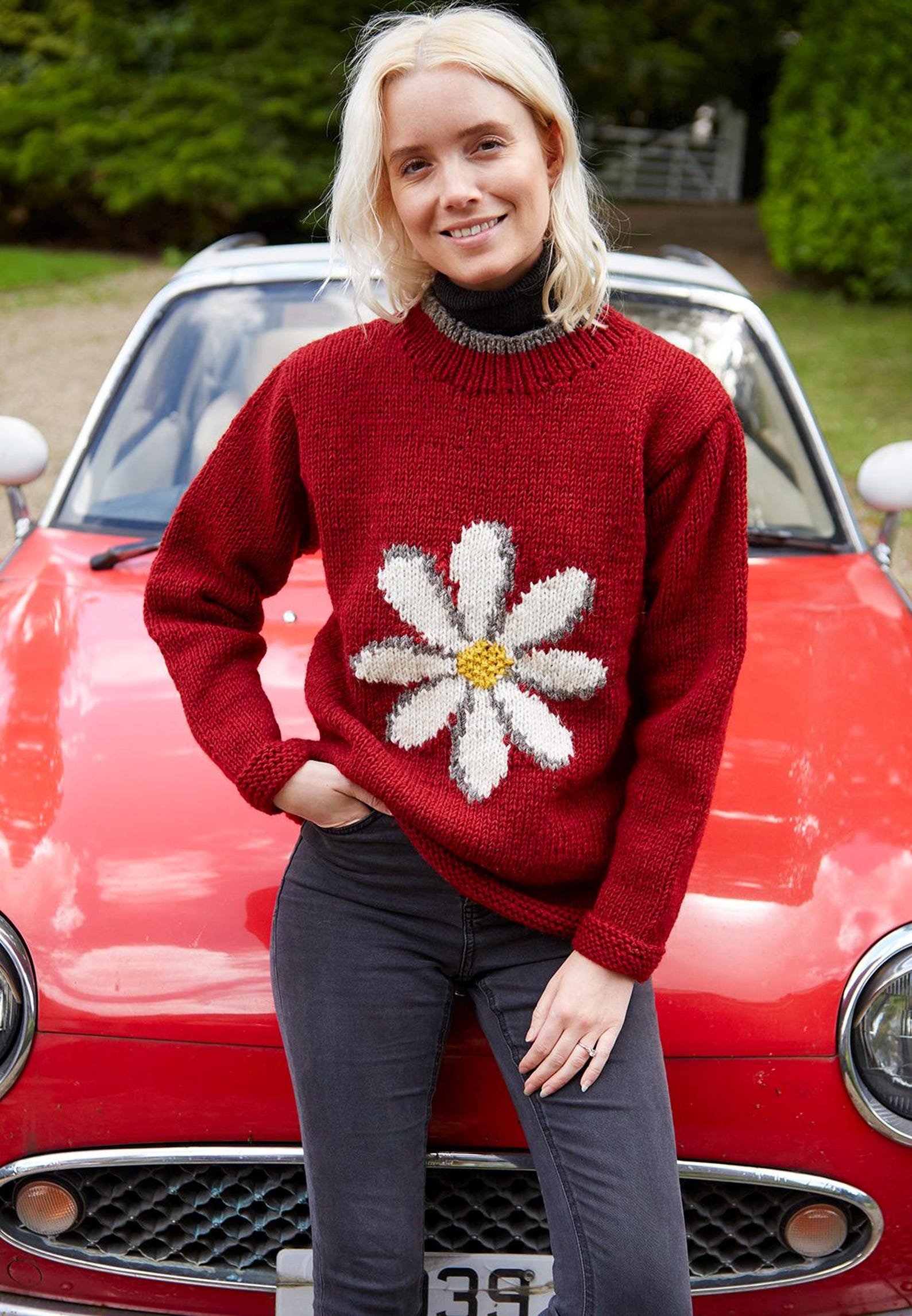 Women's Knitted Daisy Jumper - Red, 100% Wool | Pachamama - Etsy