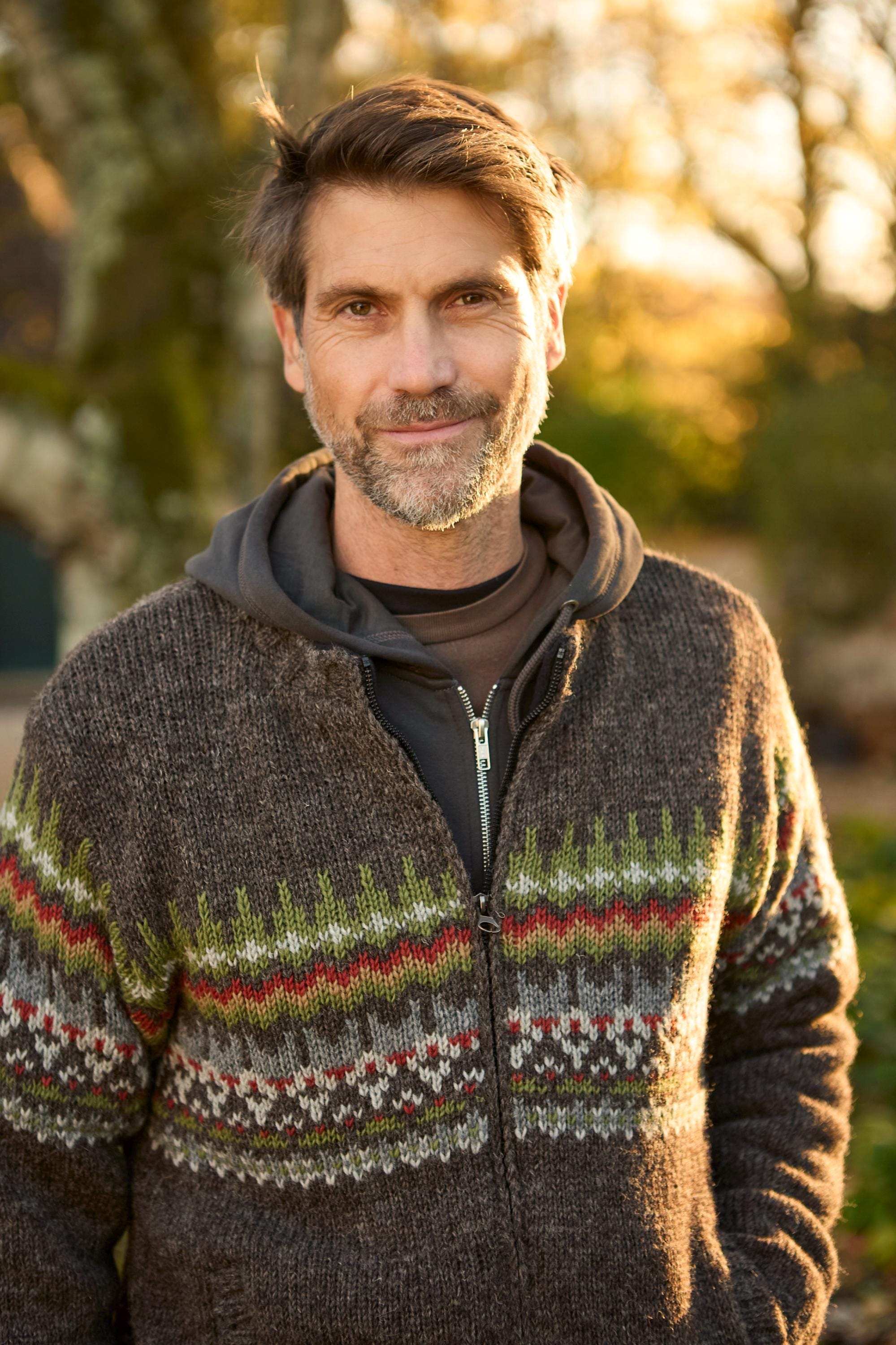 Men's Earth Zip Jacket - Fair Isle Jacket - Brown Knit Jacket - Fleece ...