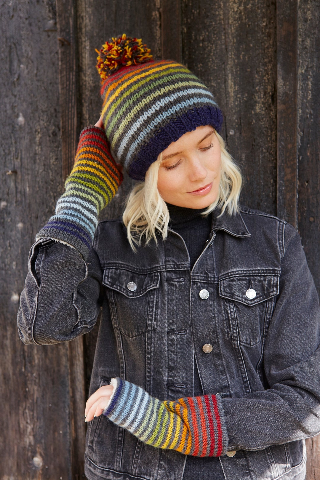 Women's Dark Rainbow Bobble Beanie & Mismatched Stripe Handwarmers ...