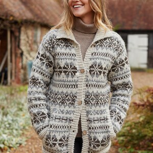 Women's Cream Fair Isle Cardigan - 100% Wool Hand Knit Cardigan ...