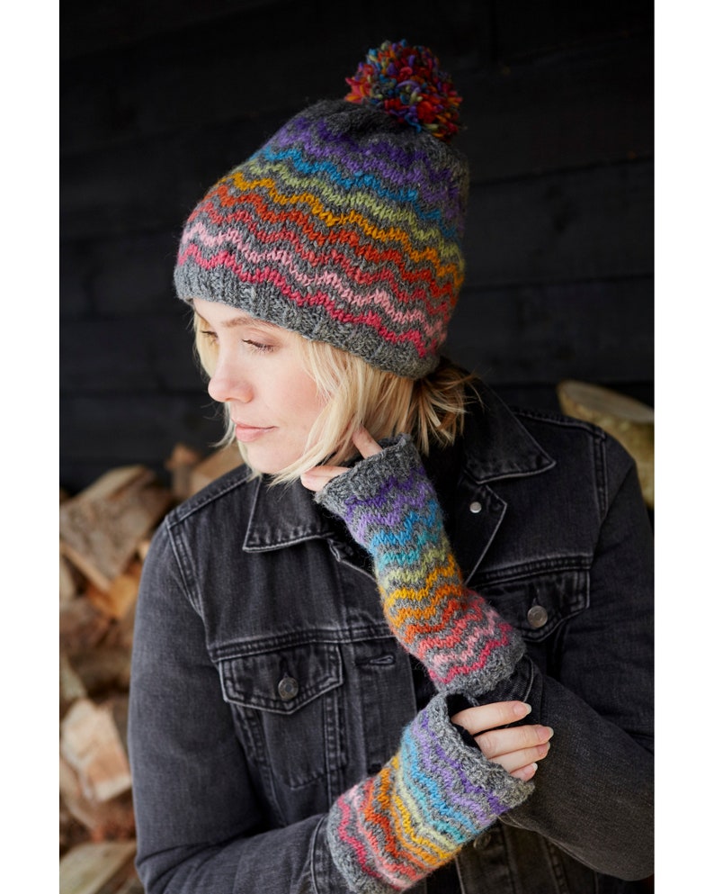 Women's Rainbow Knitted Wavy Bobble Beanie, Handwarmers - 100% Wool ...