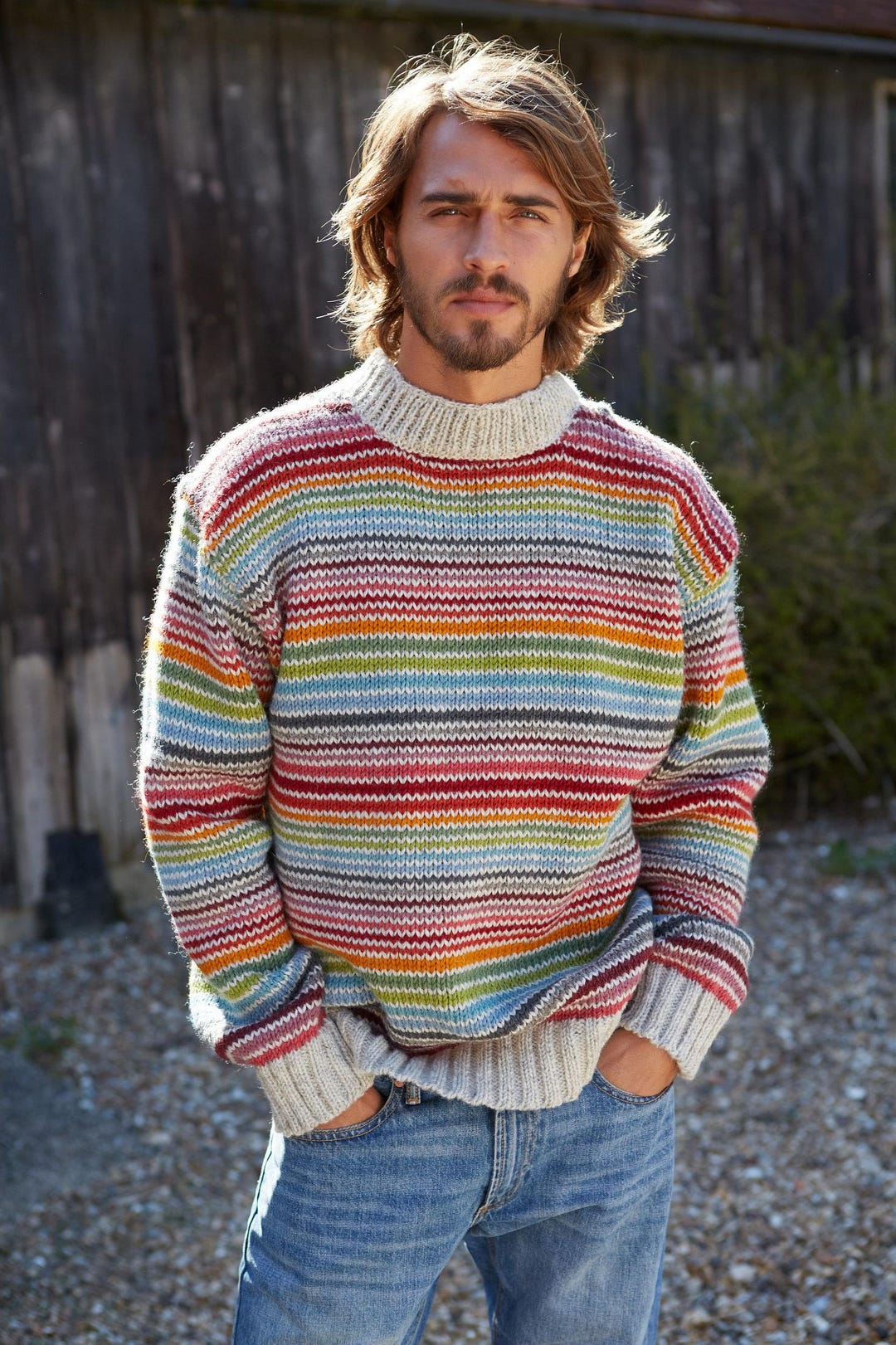 Men's Rainbow Stripe Jumper - Grandad Sweater - Retro Jumper - Bright ...