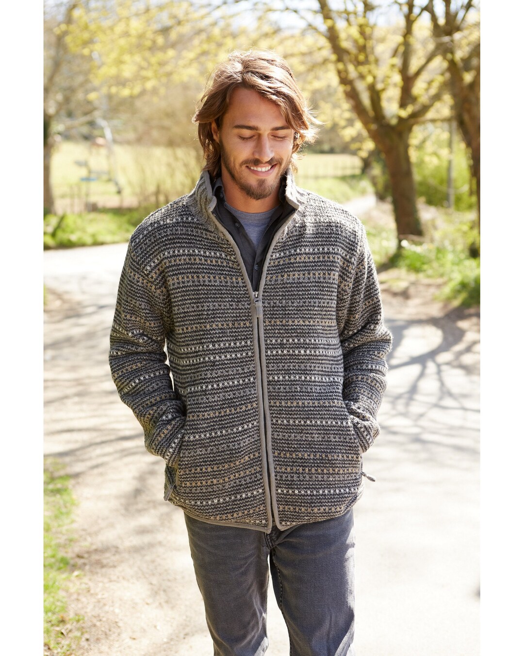 Men's Hand Knitted Jacket, 100% Wool, Fleece Lined, Natural Neutral ...