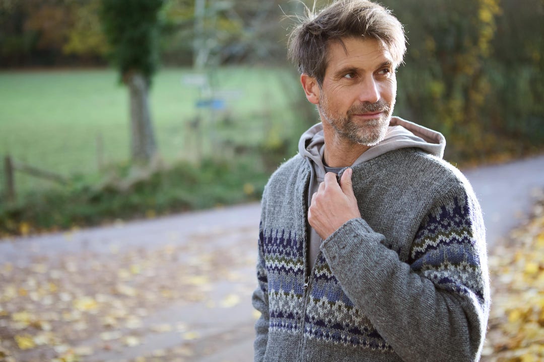 Men's Grey Zip Jacket - Fair Isle Jacket - Blue Knit Jacket - Fleece ...