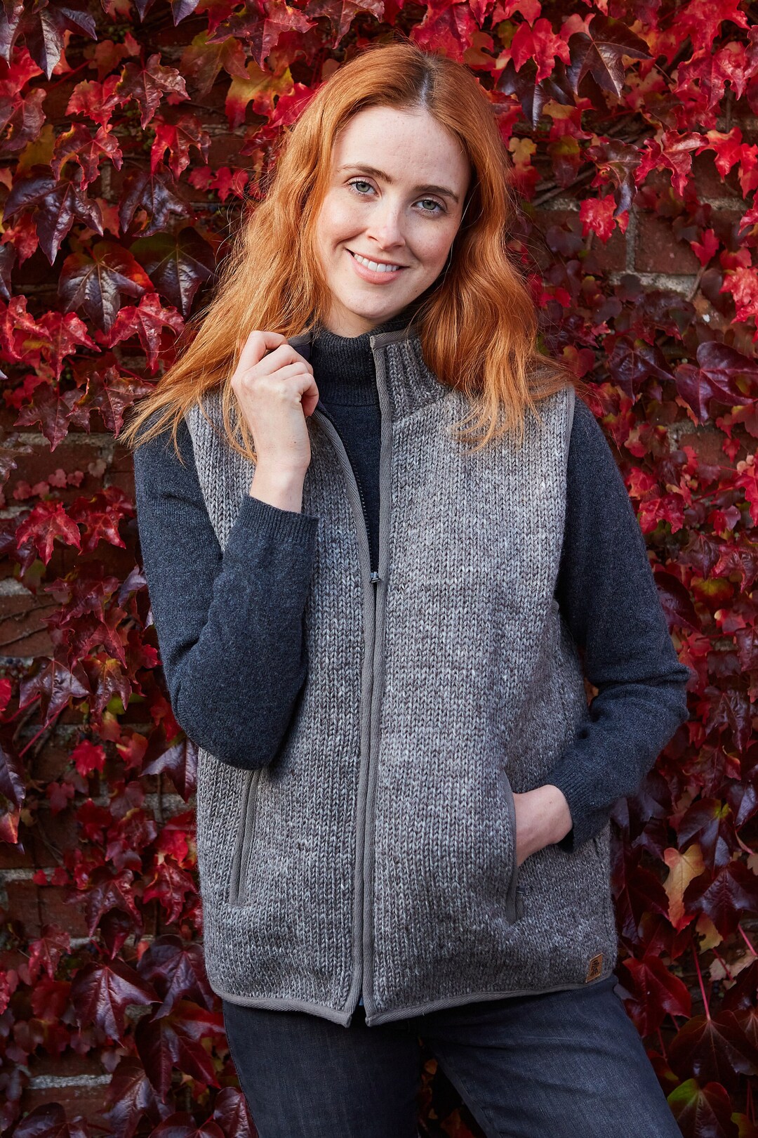 Women's Hand Knit Body Warmer, 100% Wool Fleece Lined Gilet, Grey ...