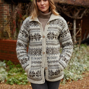 Women's Cream Fair Isle Cardigan - 100% Wool Hand Knit Cardigan ...