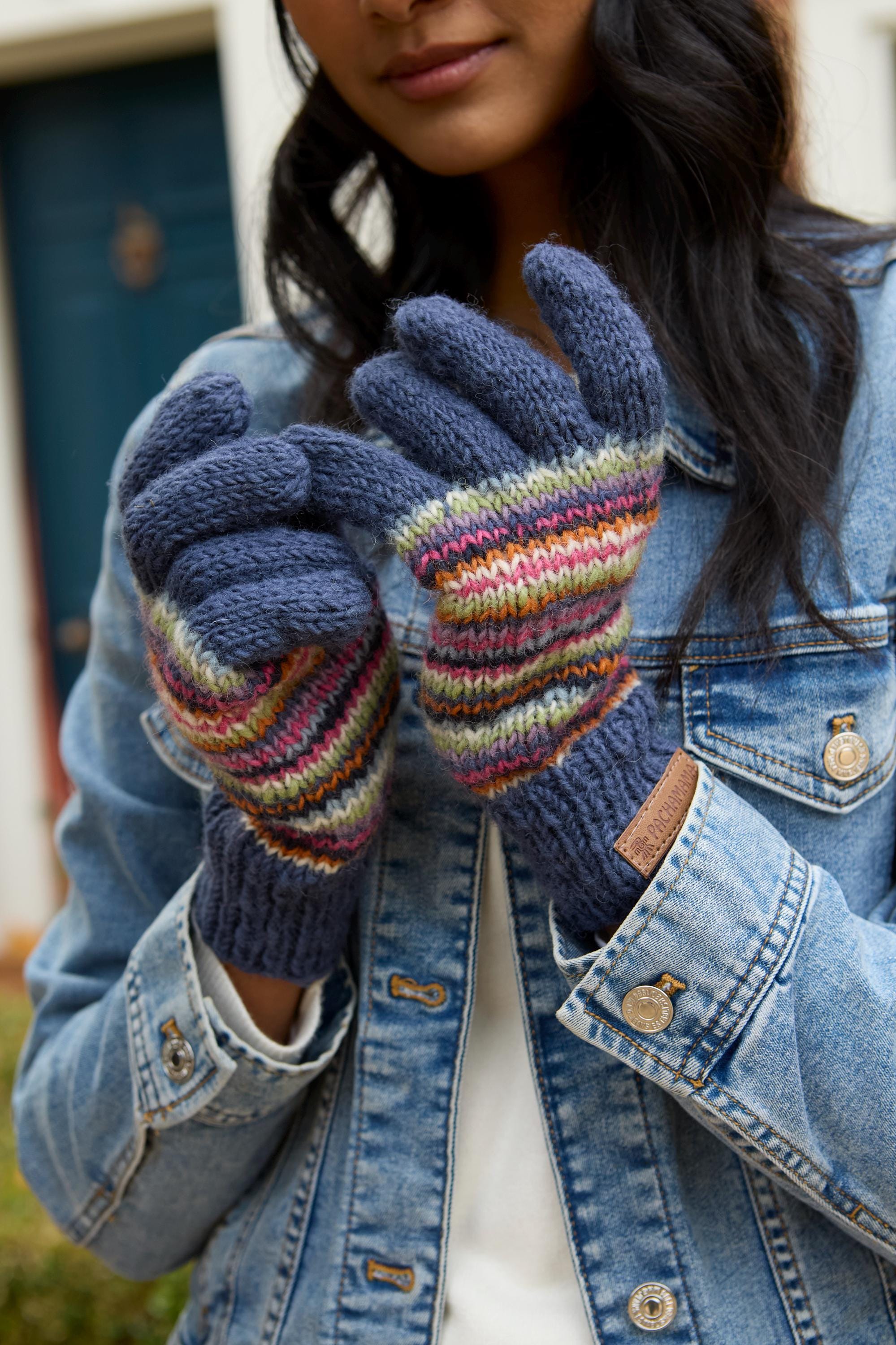 Womens Knitted Denim Stripe Gloves - Stripey Gloves - Denim Knit Glove ...