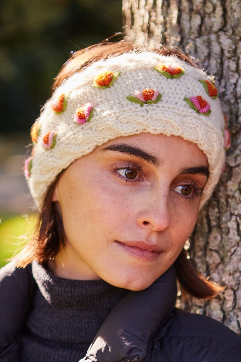 Women's Cream Floral Knitted Hat - Knitted Cream Gloves - Warm Wool ...