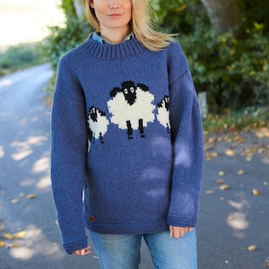 Women's Knitted Sheep Jumper - Blue Knit Sweater - Oversized Farm ...