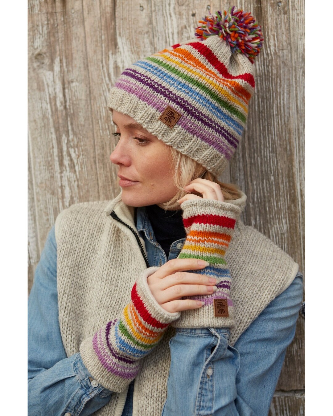 Womens Hand Knitted Bobble Beanie - Rainbow Stripe Hat - 100% Wool ...