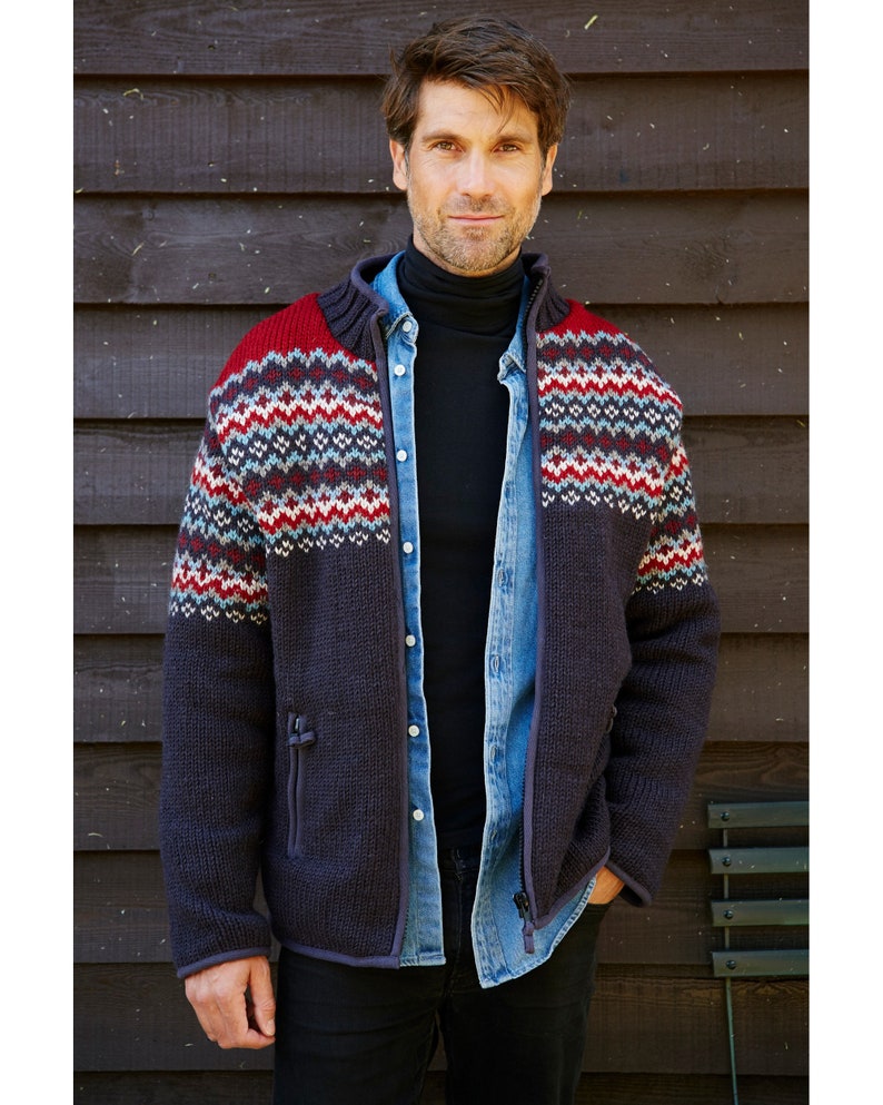 Men's Handmade Fair Isle Zip Jacket, 100% Wool, Fleece Lined Jacket ...
