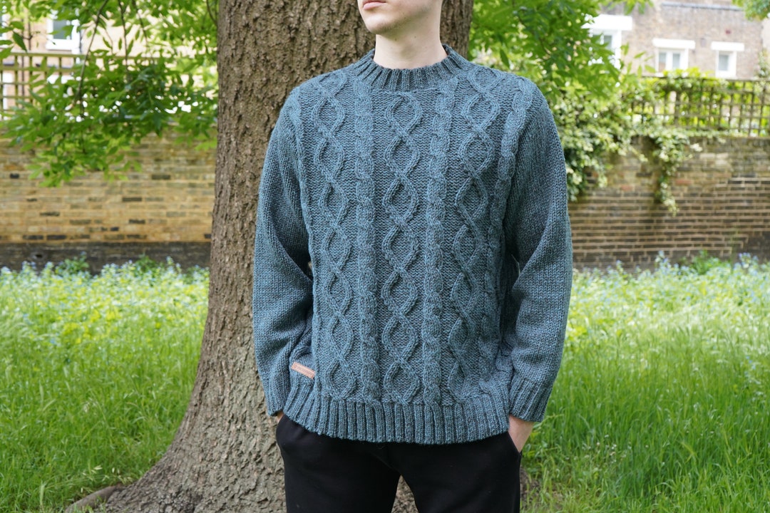 Mens Aran Knit Sweater - Blue Knit Jumper- Mens Cable Knit Sweater ...