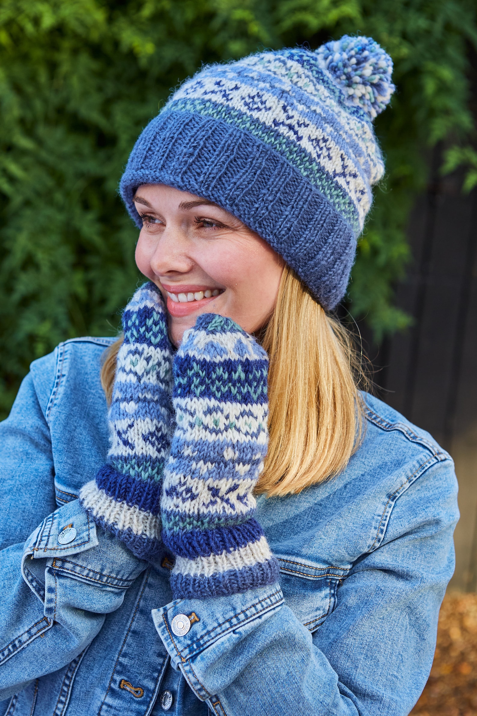 Women's Fair Isle Winter Knitted Hat - Roll Back Bobble Beanie ...