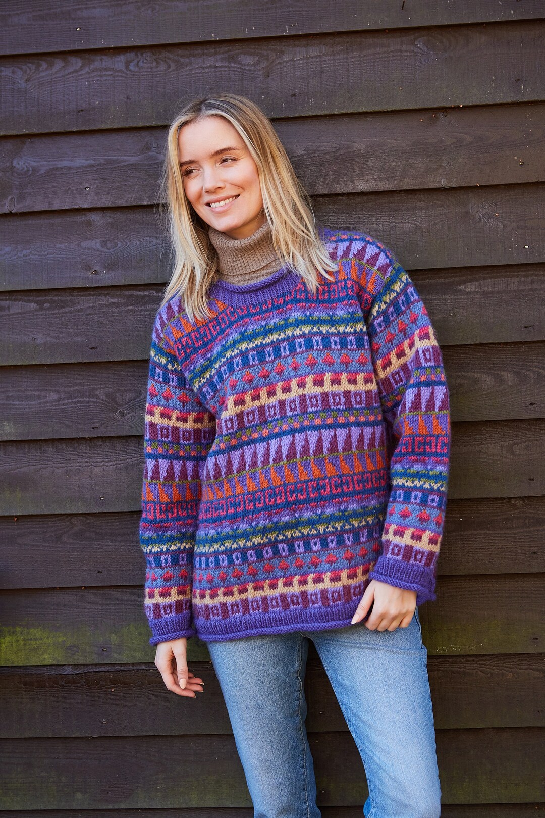 Womens Bright Purple Pattern Jumper Festival Sweater Bold Patterned ...