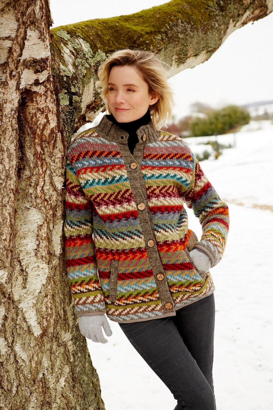 Women's Hand Knitted Jersey Lined Button Jacket, 100% Wool, Natural ...