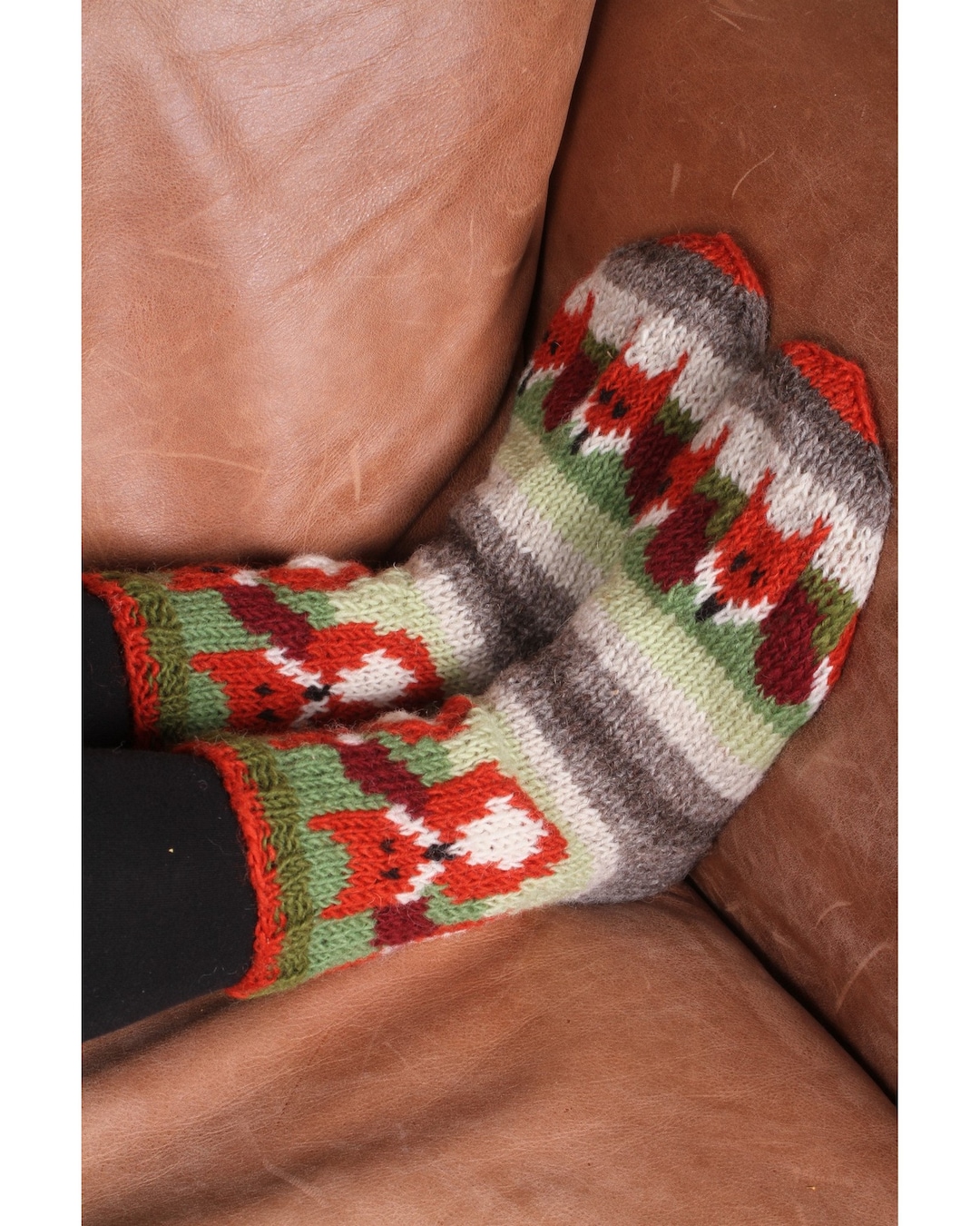 Womens Hand Knitted Fox Sofa Socks - Cute Fox Socks - Knitted Animal ...