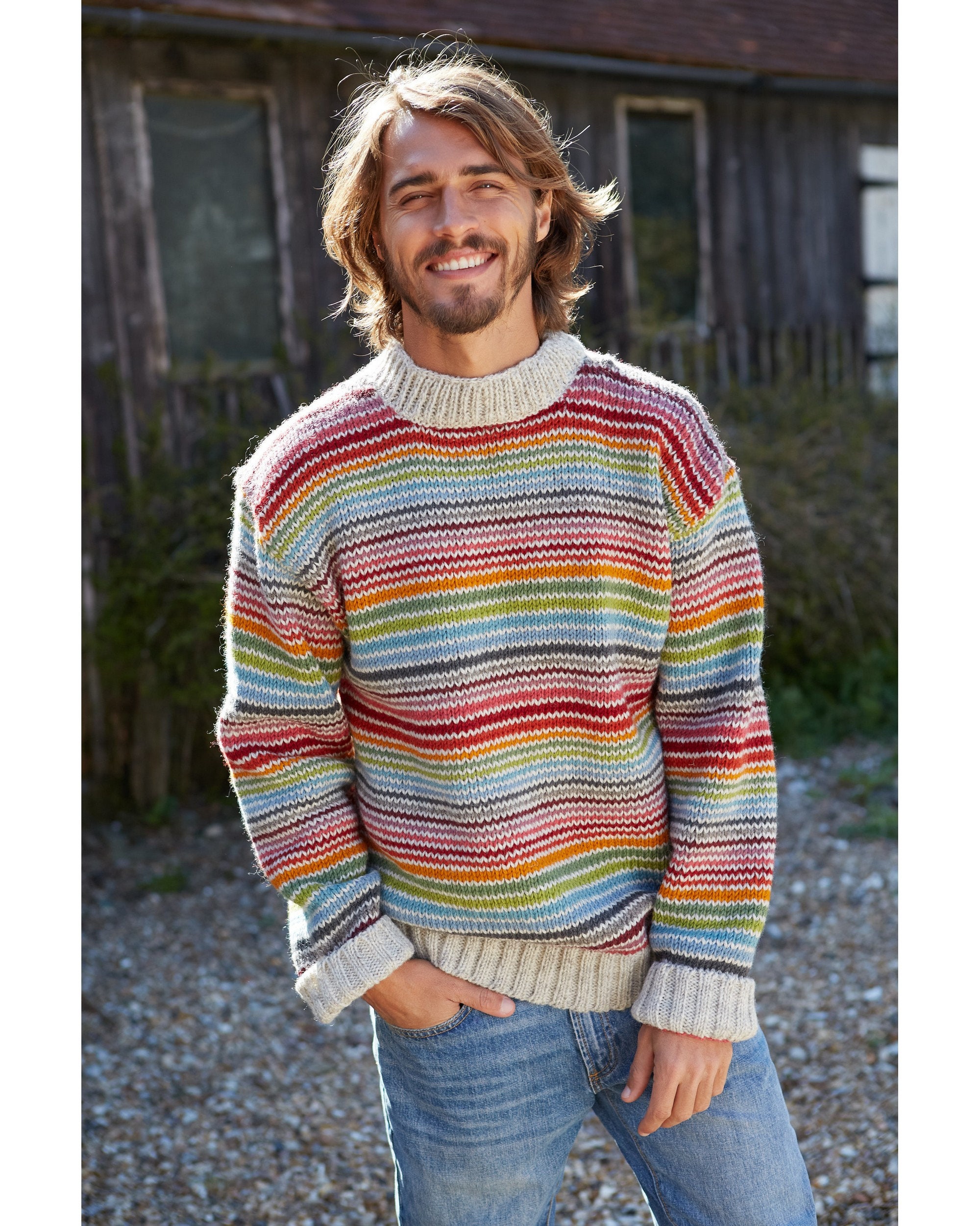 Men's Rainbow Stripe Hand Knitted Jumper 100% Wool - Etsy