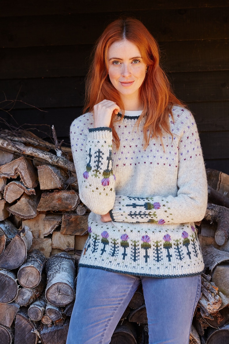 Women's Thistle Sweater - 100% Wool - Hand Knitted - Embroidery ...