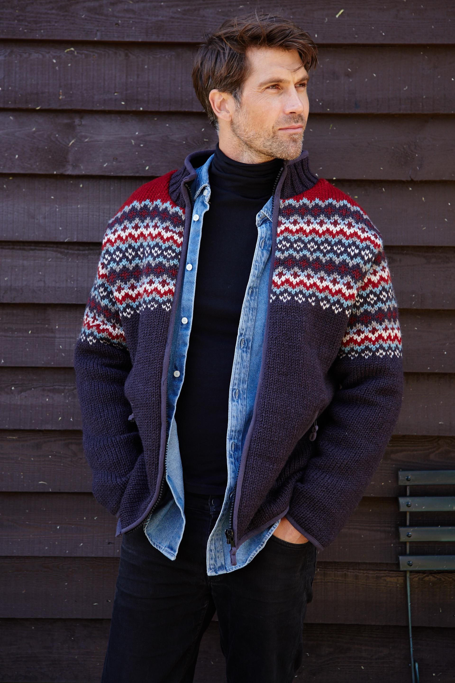 Men's Handmade Fair Isle Zip Jacket, 100% Wool, Fleece Lined Jacket ...