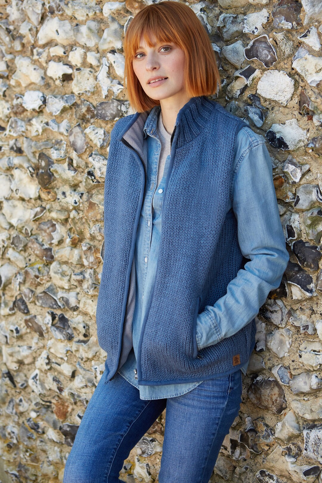 Women's Hand Knit Body Warmer, 100% Wool Fleece Lined Gilet, Denim Blue ...