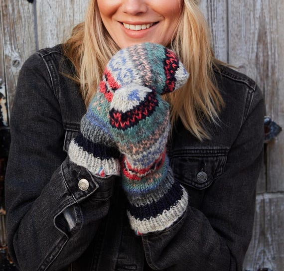 Women s Knitted Mittens Fleece Lined Mittens Fair Isle Gloves 100 Wool Fairisle Mitts Warm Woolly Gloves Handmade Pachamama Etsy
