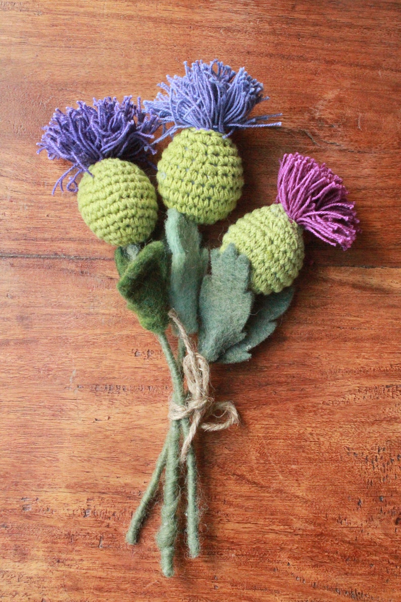 Felt Thistle Bunch of 3 - Crochet Flowers - Scottish Thistle - Knitted ...