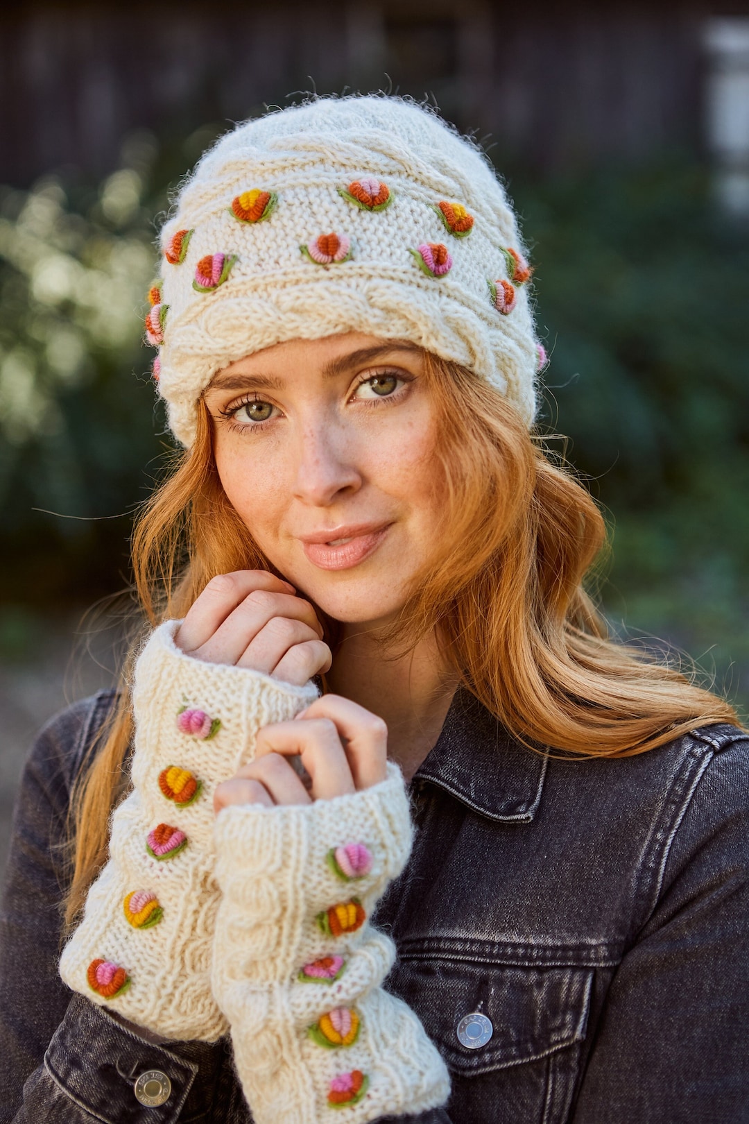 Women's Cream Floral Knitted Hat - Knitted Cream Gloves - Warm Wool ...