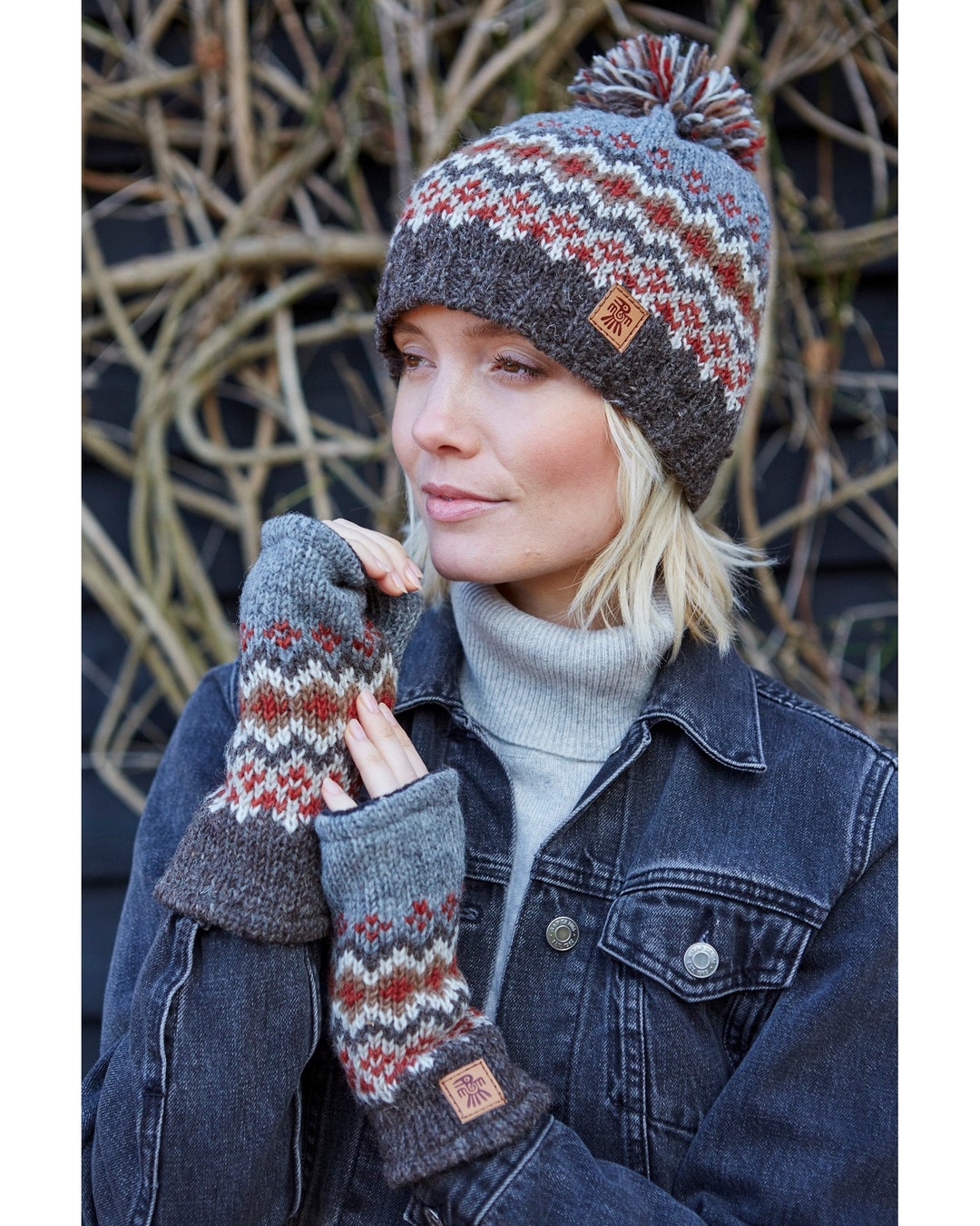Womens Grey Winter Hat - Gray Fingerless Gloves - Knitted Headband ...