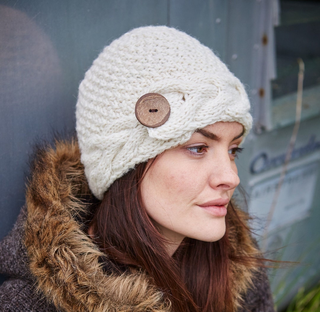 Women's Knitted Classic Cable Button Beanie - 100% Wool - Aran Knit Hat ...