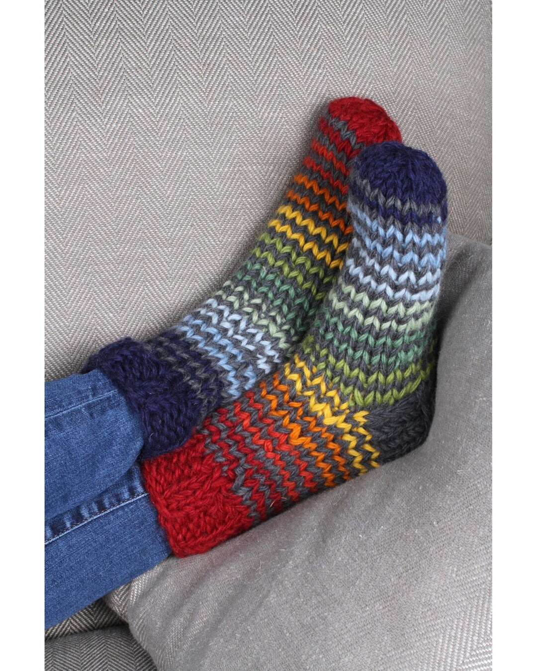 Women's Knitted Striped Sofa Socks - 100% Wool - Odd Socks - Rainbow ...