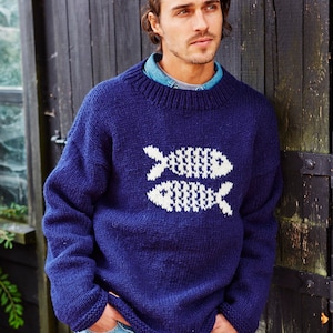 Men's and Women's Fish Knitted Jumper - Navy Blue Sweater - 100% Wool ...