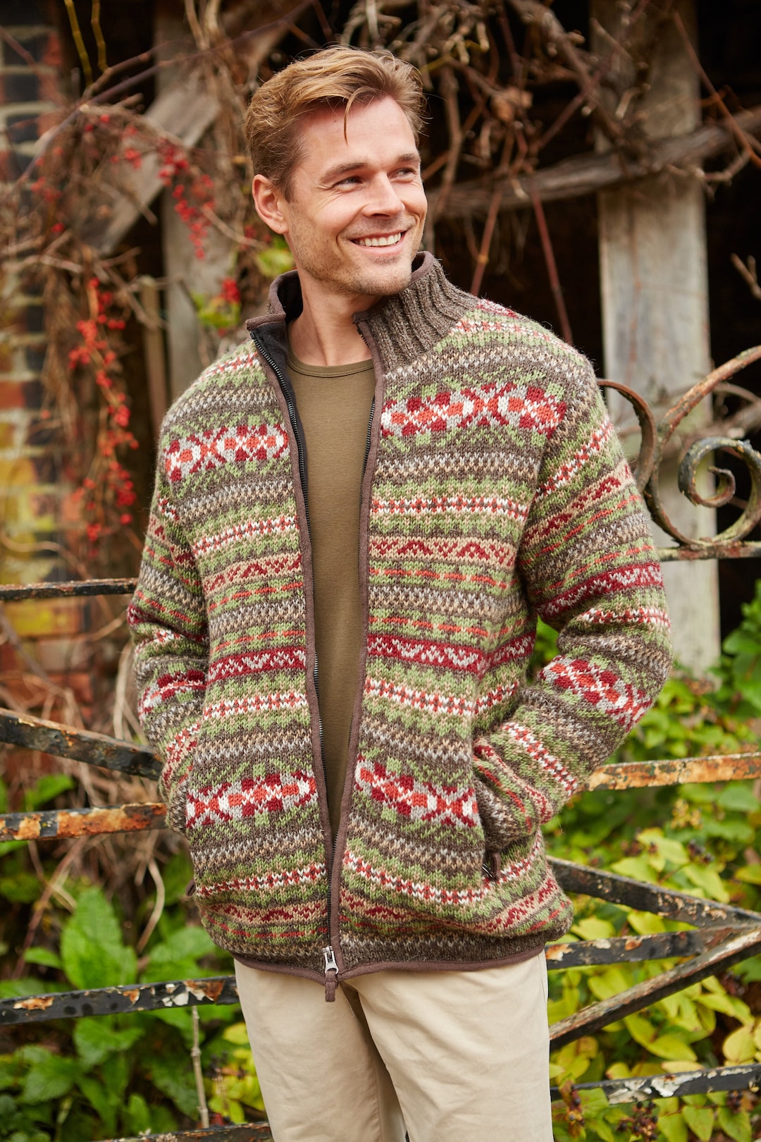 Men's Green Knitted Jacket - Earthy Fair Isle Zip Jacket - Knit Zip up ...