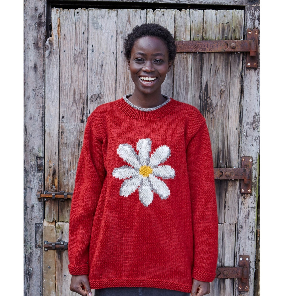 100% Wool Daisy Jumper - Hand Knitted Sweater - Fire Engine Red ...