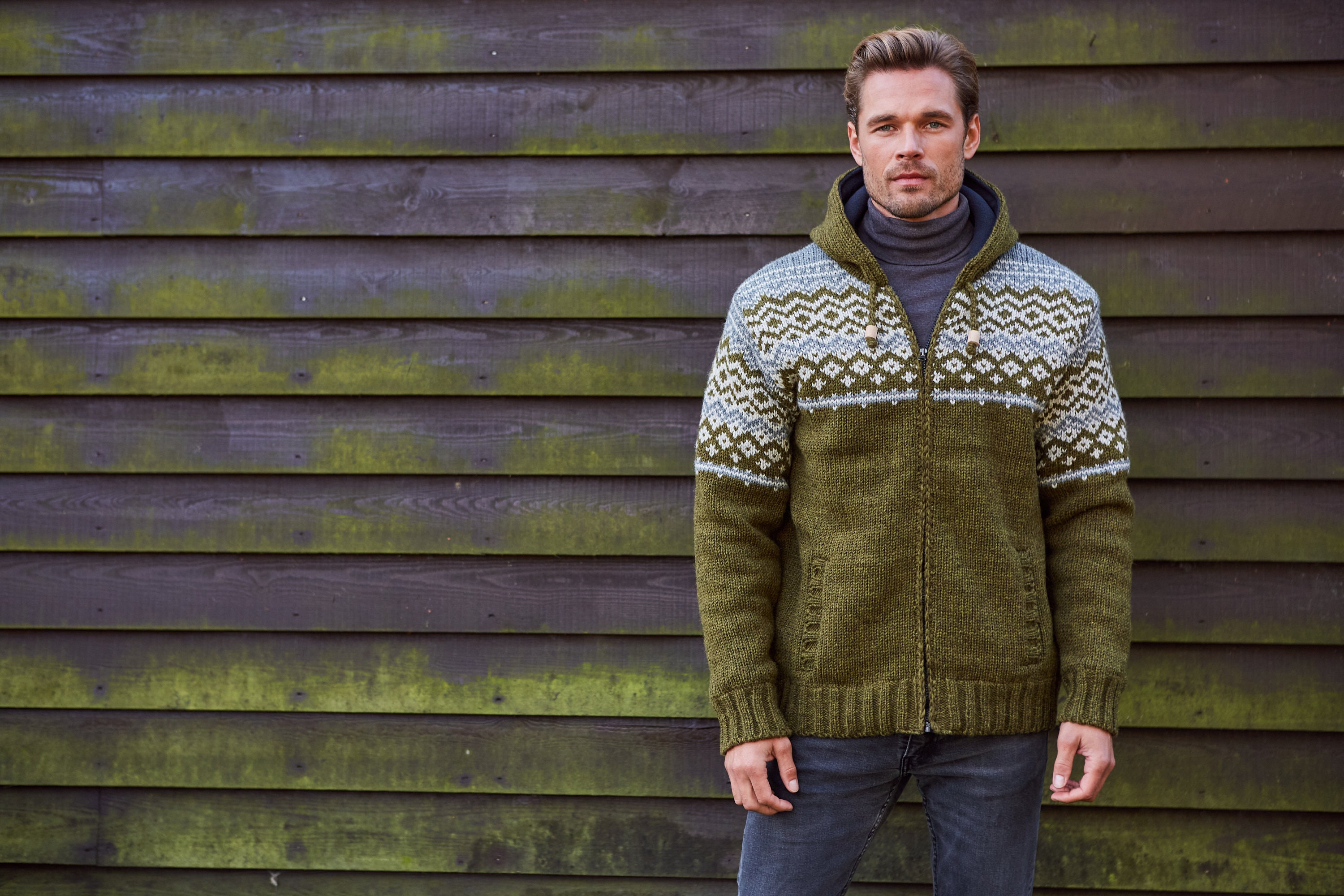 Mens Fair Isle Hoody - Mens Nordic Hoodie - Mens Green Knit Fleece ...