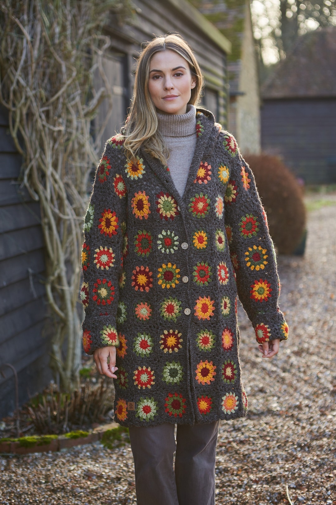 Retro 70s Coat - Earthy Brown Flower Design - Crocheted Granny Squares ...