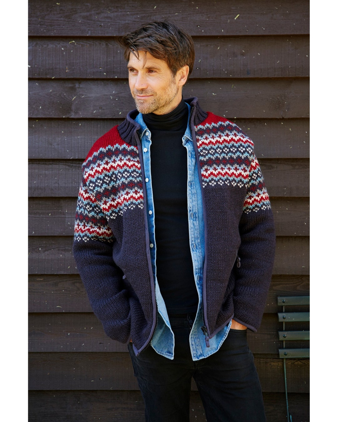 Men's Handmade Fair Isle Zip Jacket, 100% Wool, Fleece Lined Jacket ...