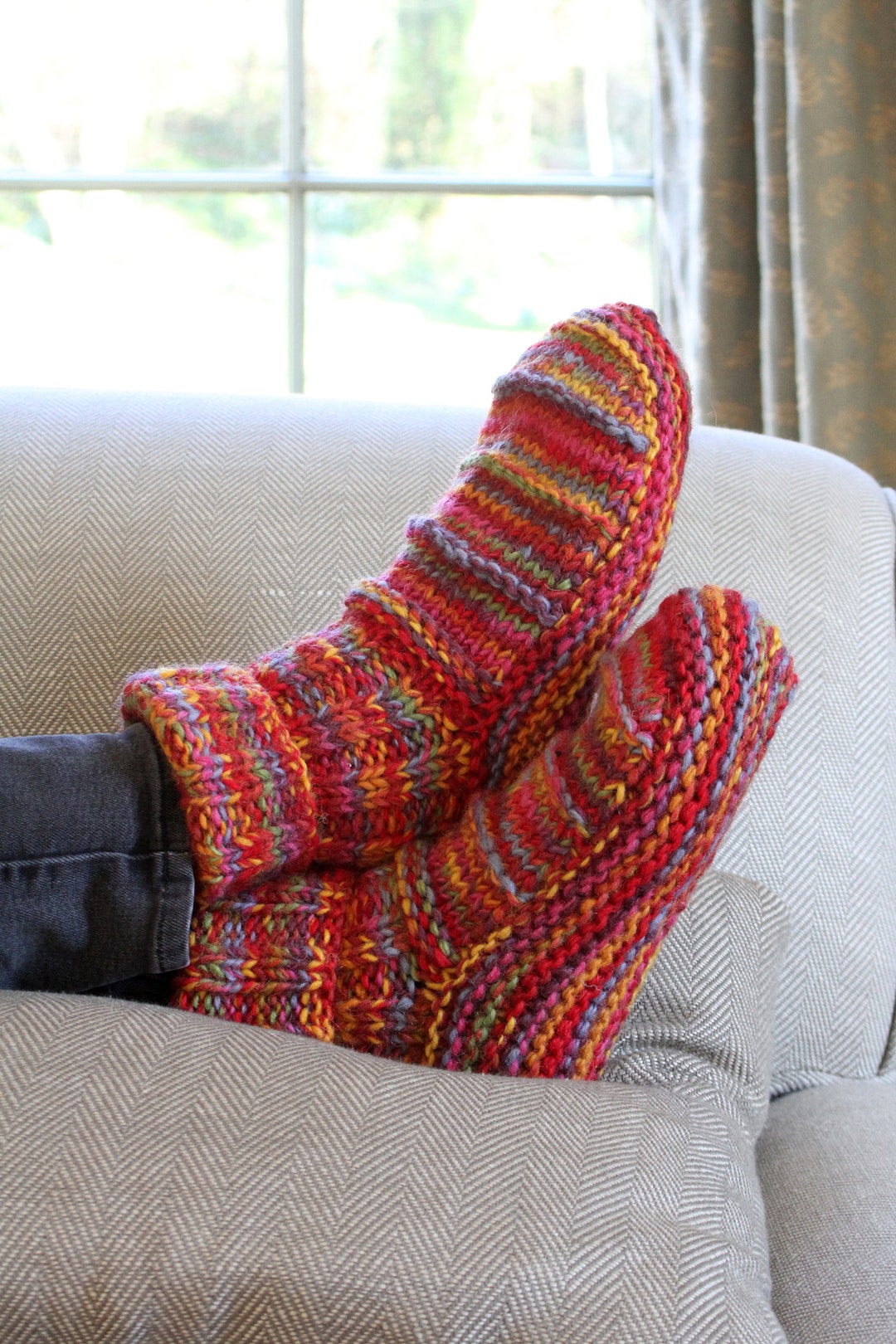 Hand Knitted Sunrise Socks - Lined Sofa Socks - 100% Wool - Slipper ...