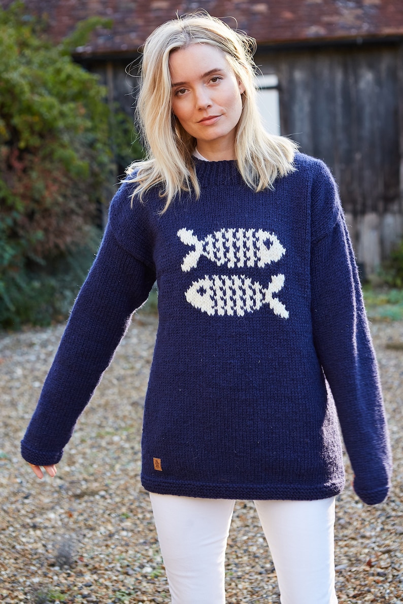 Men's and Women's Fish Knitted Jumper - Navy Blue Sweater - 100% Wool ...