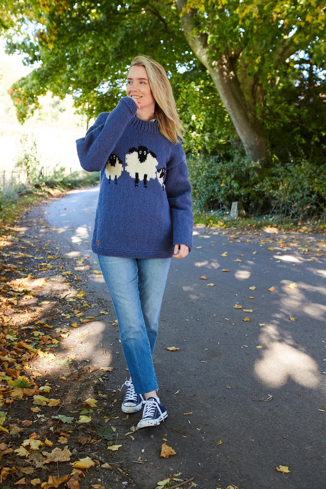 Women's Knitted Sheep Jumper - Blue Knit Sweater - Oversized Farm ...