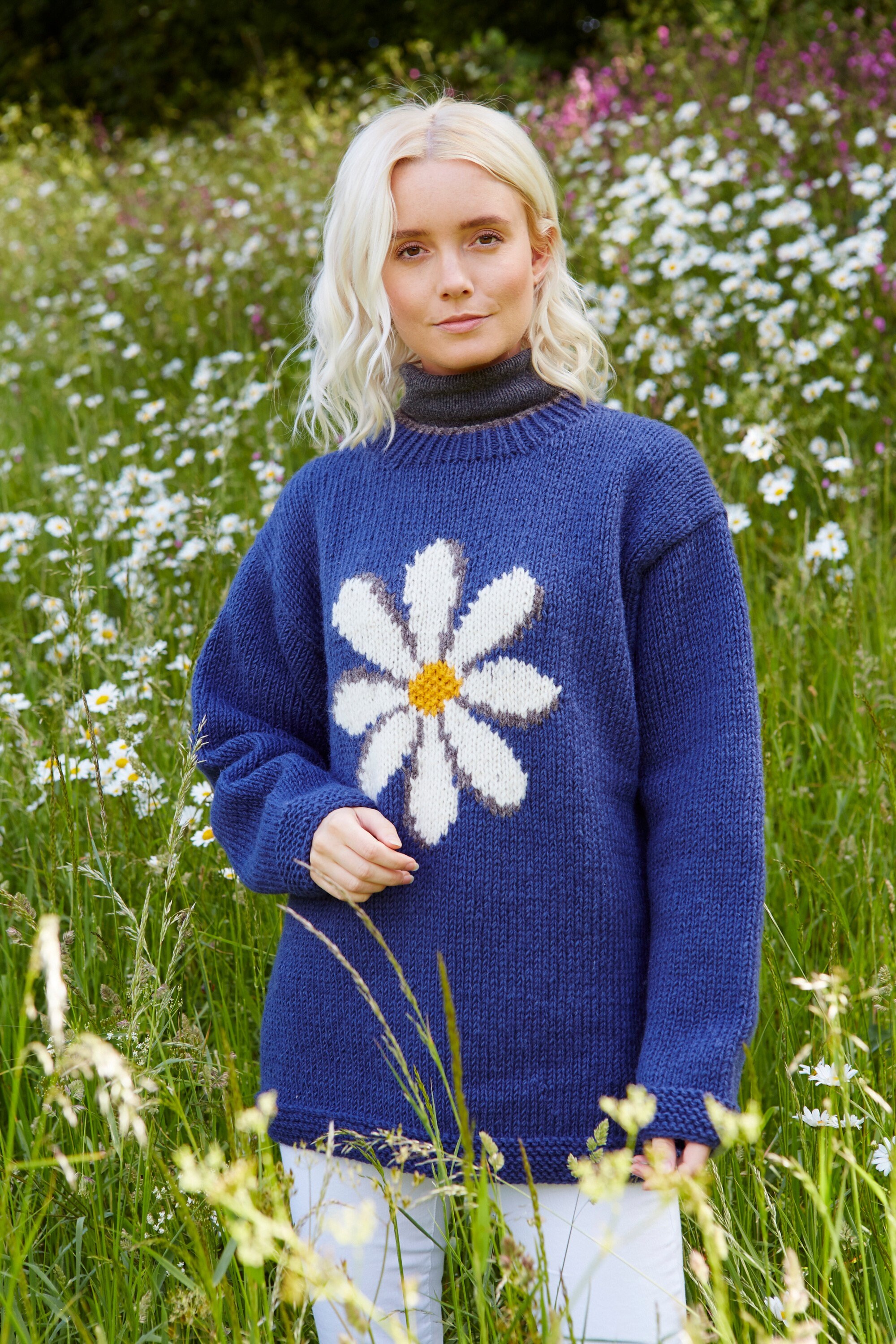 Women's Knitted Daisy Jumper - Denim Blue, 100% Wool | Pachamama - Etsy