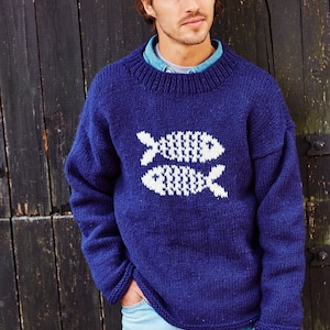 Men's and Women's Fish Knitted Jumper - Navy Blue Sweater - 100% Wool ...