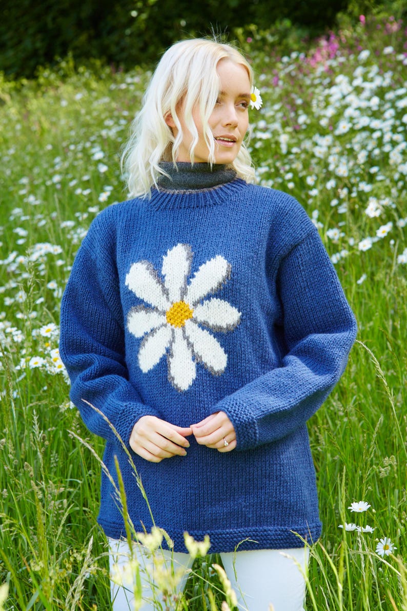 Women's Knitted Daisy Jumper - Denim Blue, 100% Wool | Pachamama - Etsy